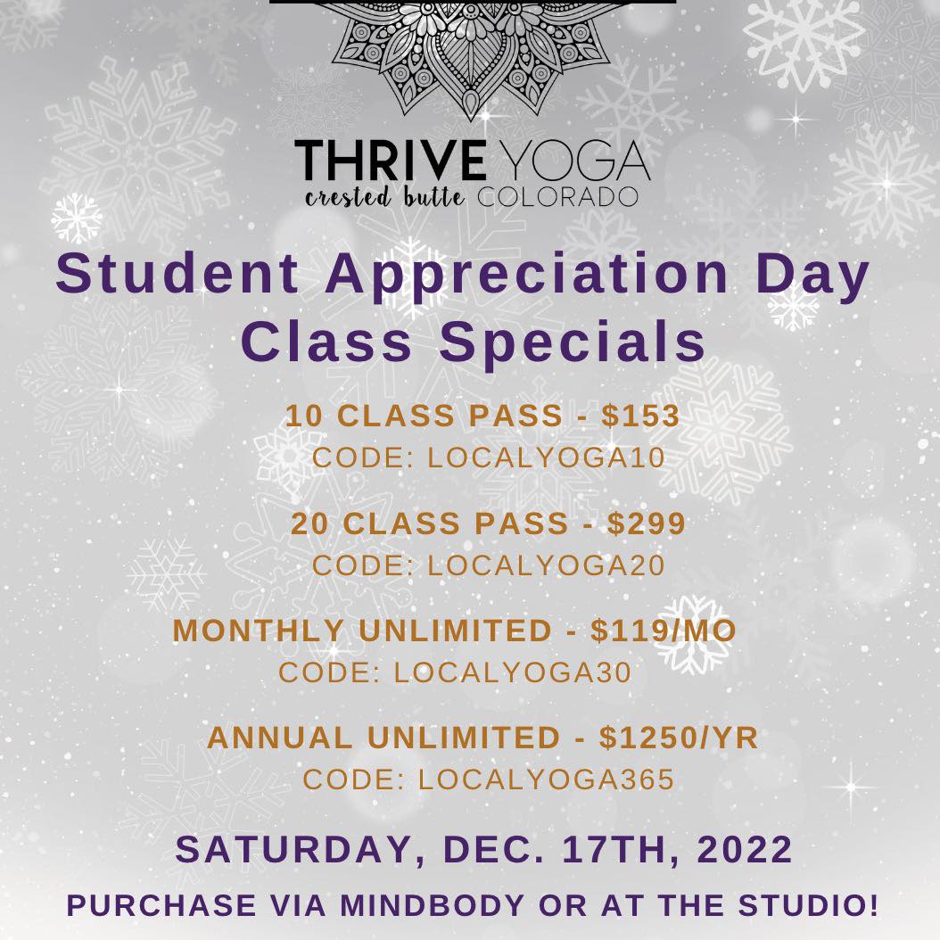 Thrive Yoga Student Appreciation Classes & Boutique Sale - Hey Crested ...